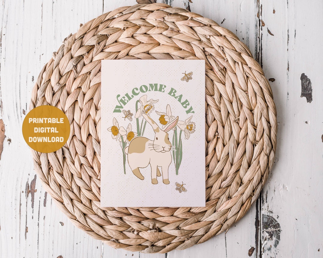 PRINTABLE 5x7 Welcome Baby Card, Folded New Baby Card, Printable Retro ...