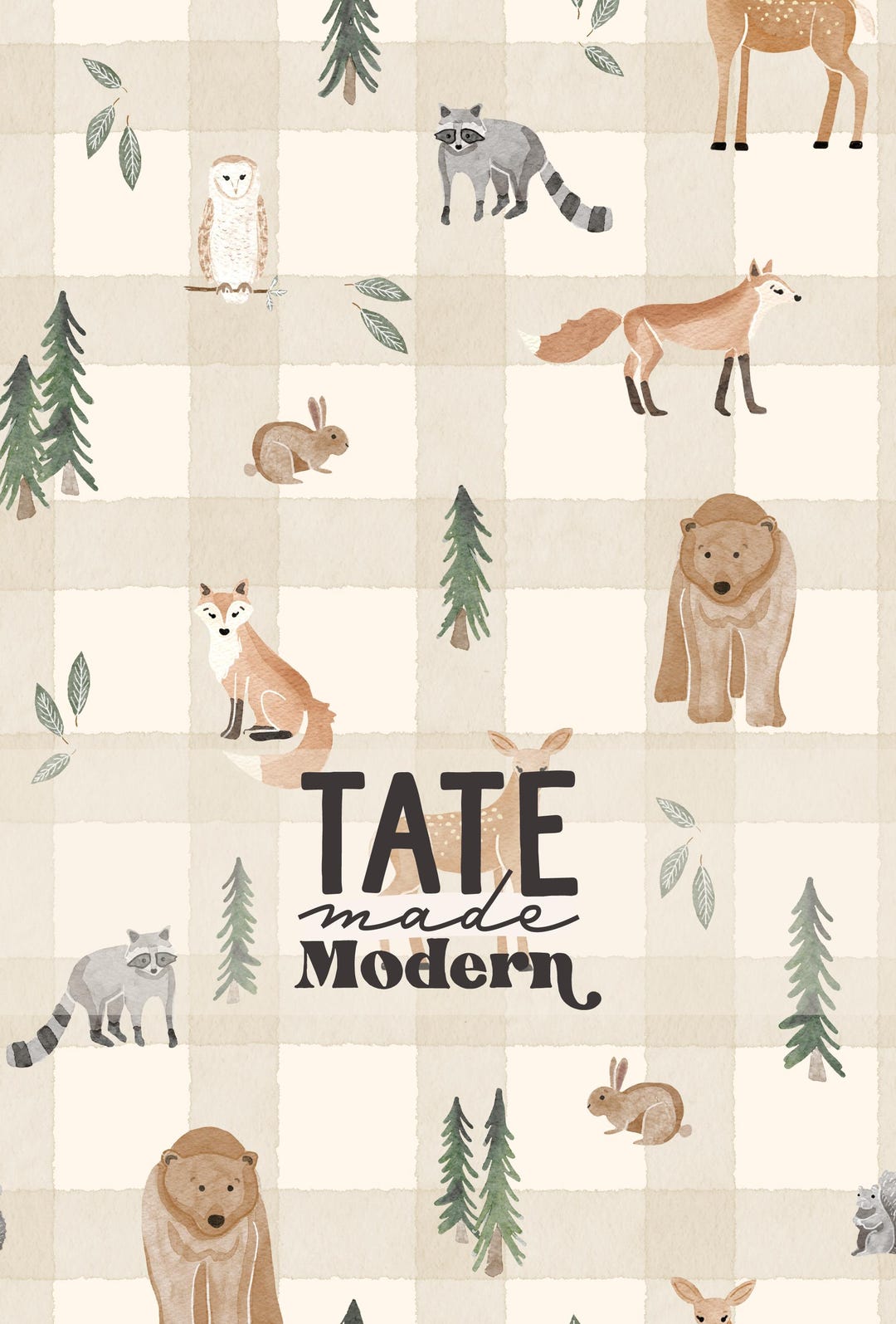 Watercolor Woodland Animal Plaid Seamless Pattern File - Beige Gingham ...