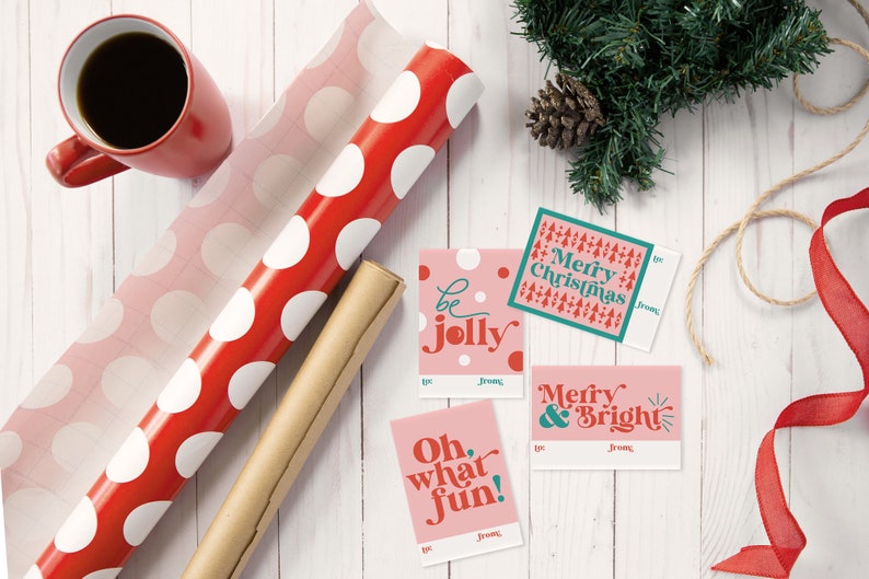 PRINTABLE Retro Modern Holiday Gift Tags, Digital Red Pink Mod ...