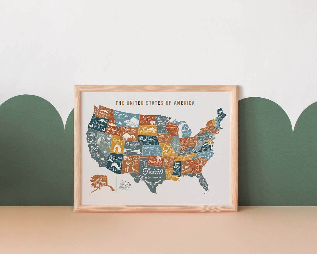 Vintage USA Map Printable Art, Retro Kid Room Art, Retro Playroom Art ...