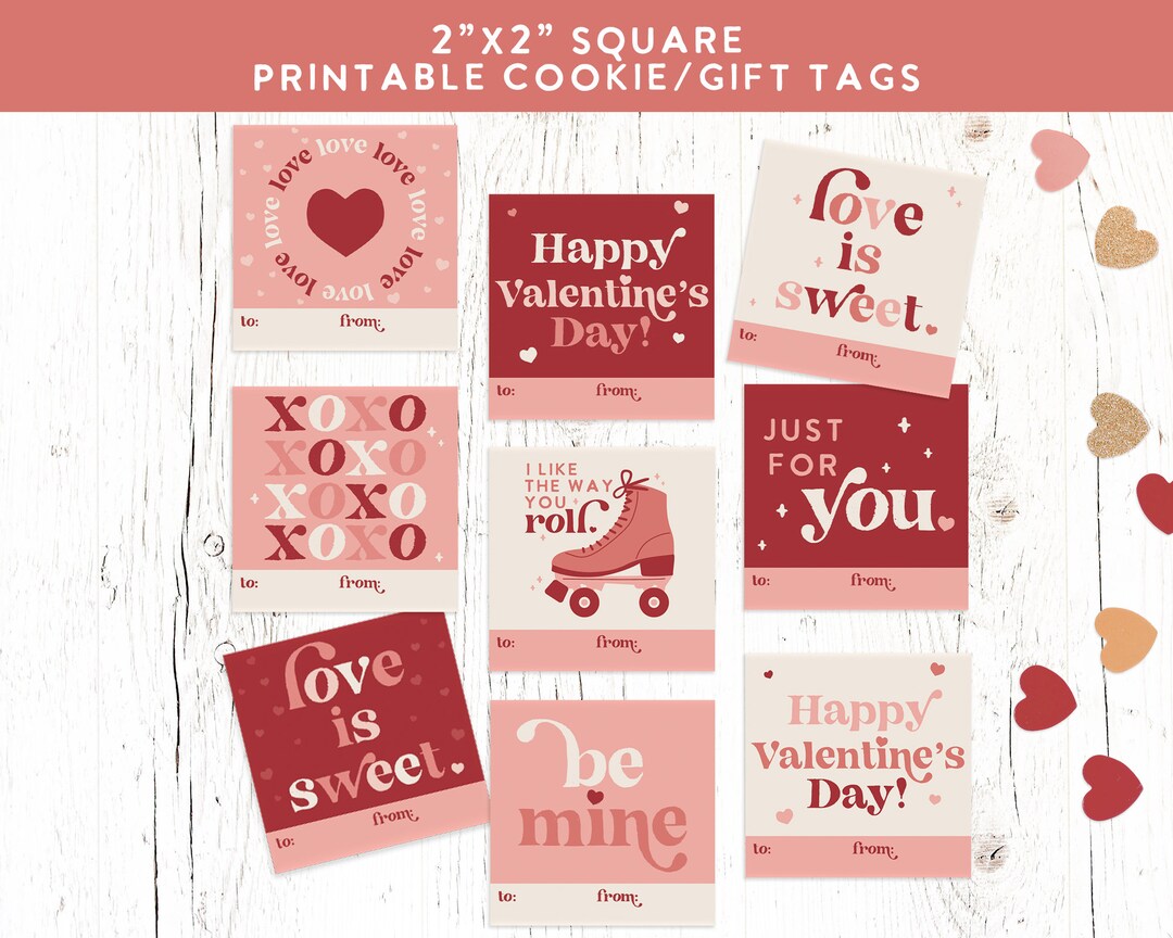 PRINTABLE 2"x2" Retro Valentine Gift Tag Set, Boho Red Pink Valentine ...