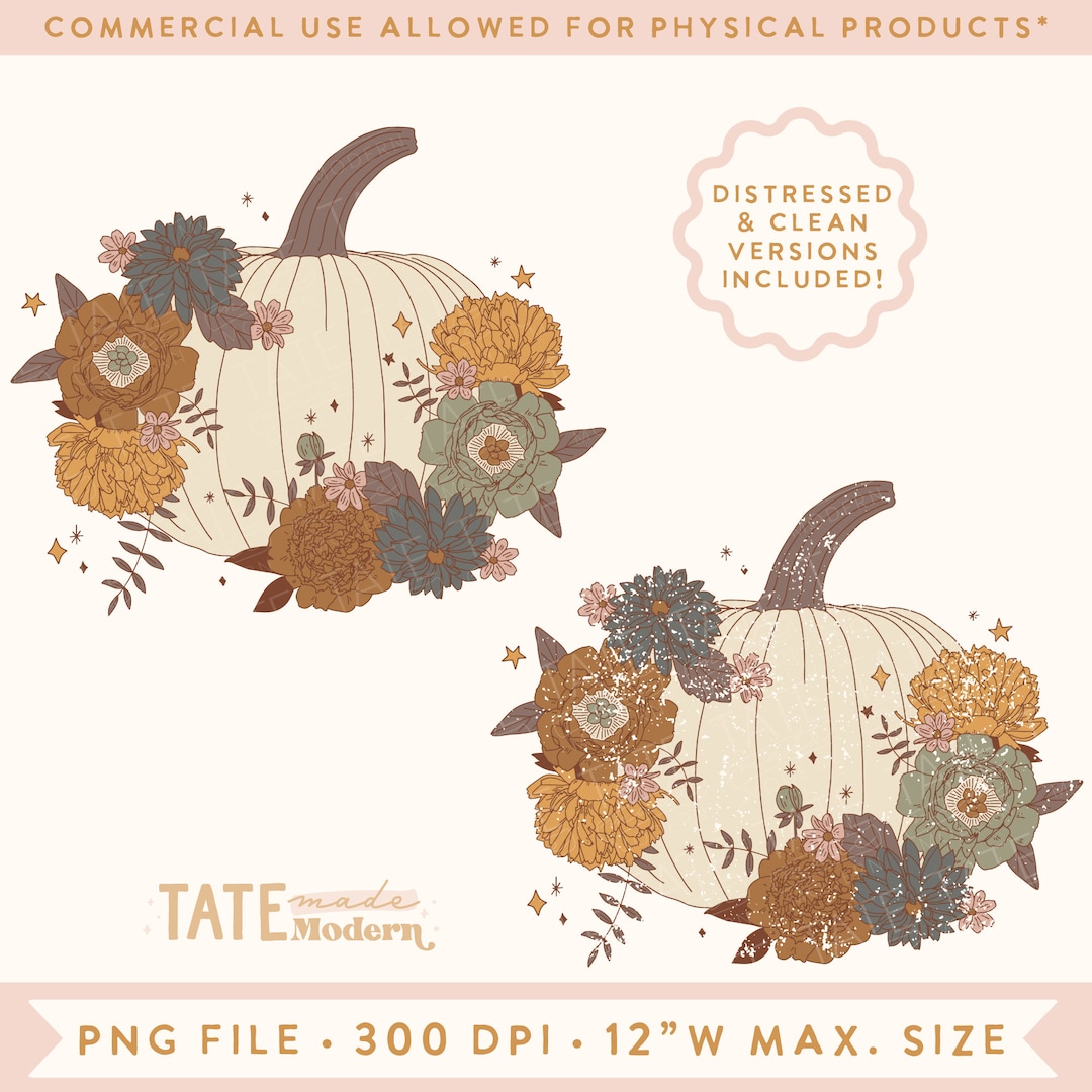 Retro Fall Floral Pumpkin PNG for Sublimation- Ivory Retro Fall, Fall ...