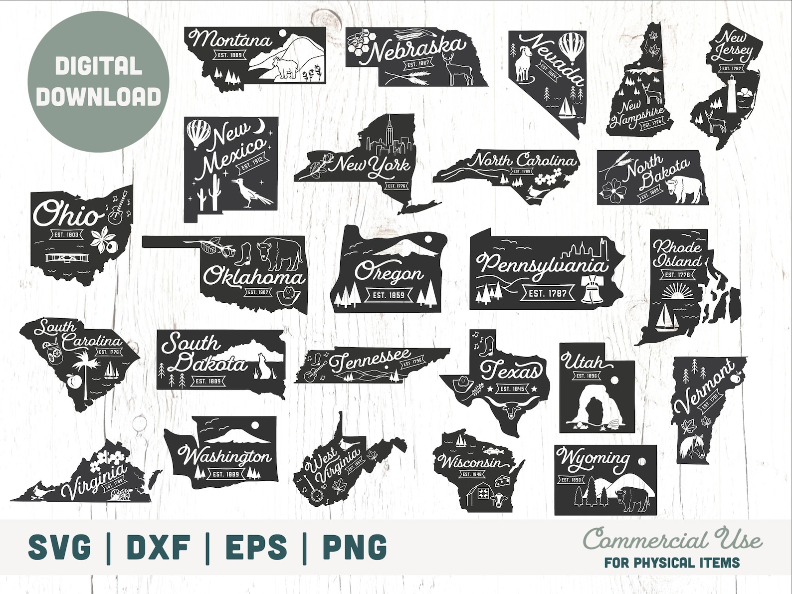 50 State SVG Cut File Bundle Vintage USA Designs Retro 50 - Etsy