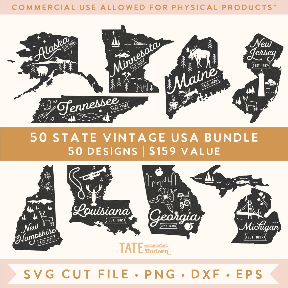 50 State SVG Cut File Bundle - Vintage USA Designs - Retro 50 State USA ...