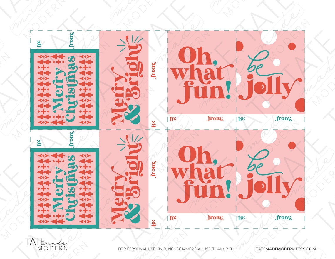 PRINTABLE Retro Modern Holiday Gift Tags, Digital Red Pink Mod ...