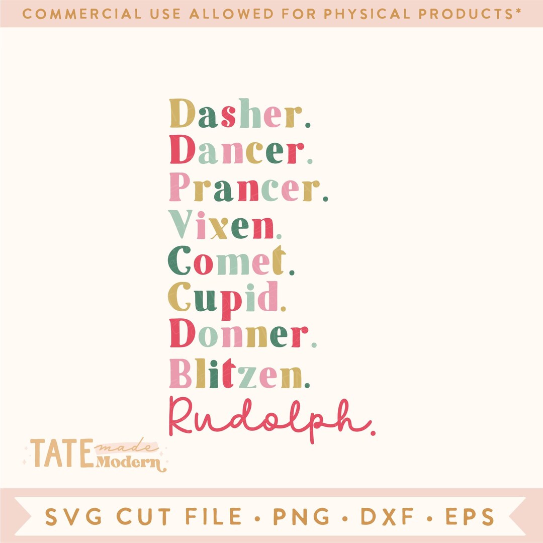 Reindeer Names Rudolph SVG Cut File, Reindeer Christmas Svg, Retro ...