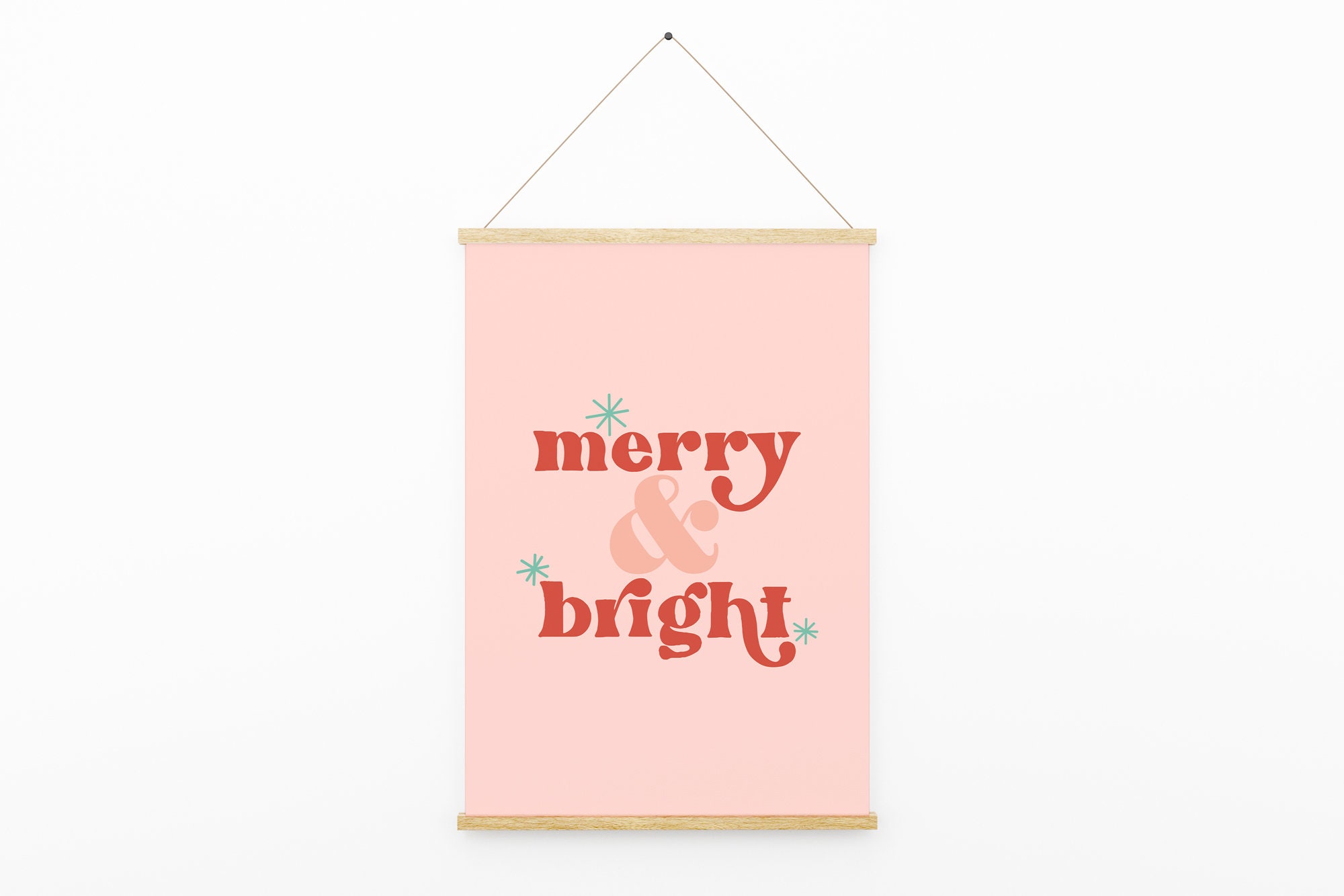 Merry & Bright Retro Printable Art Boho Holiday Art Pink and - Etsy