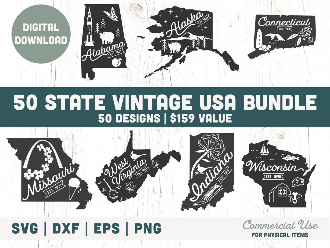 50 State SVG Cut File Bundle Vintage USA Designs Retro 50 State USA Png ...