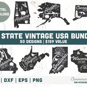 50 State SVG Cut File Bundle Vintage USA Designs Retro 50 State USA Png ...