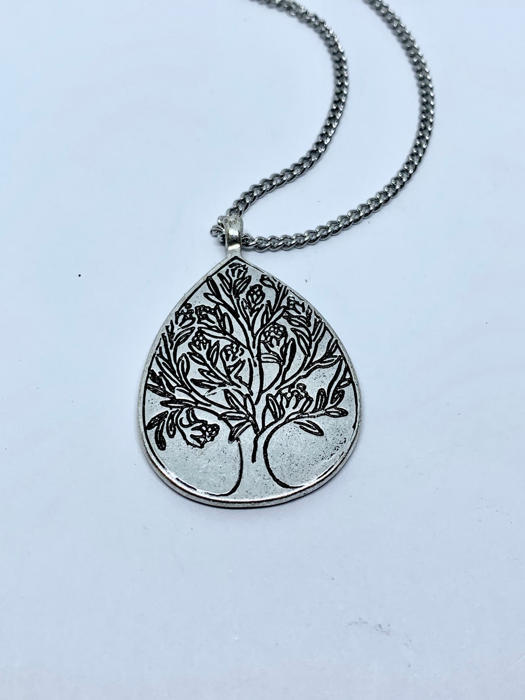 Antique Silver Tree of Life Necklace: Teardrop Pendant, 20in Chain #147 ...