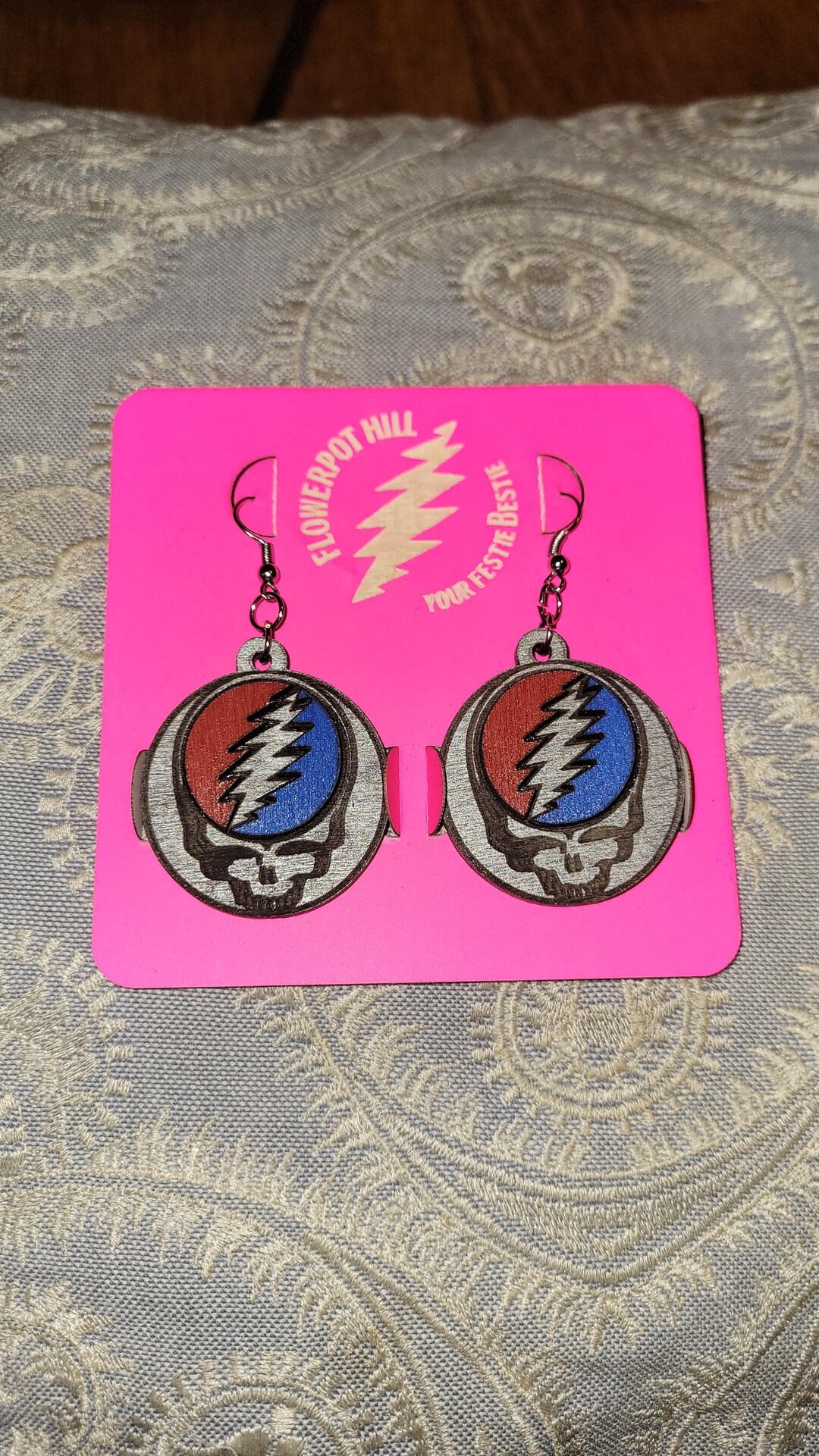 Grateful Dead Stealie Earring - Laser Cut Wood Painted Grey With Red ...