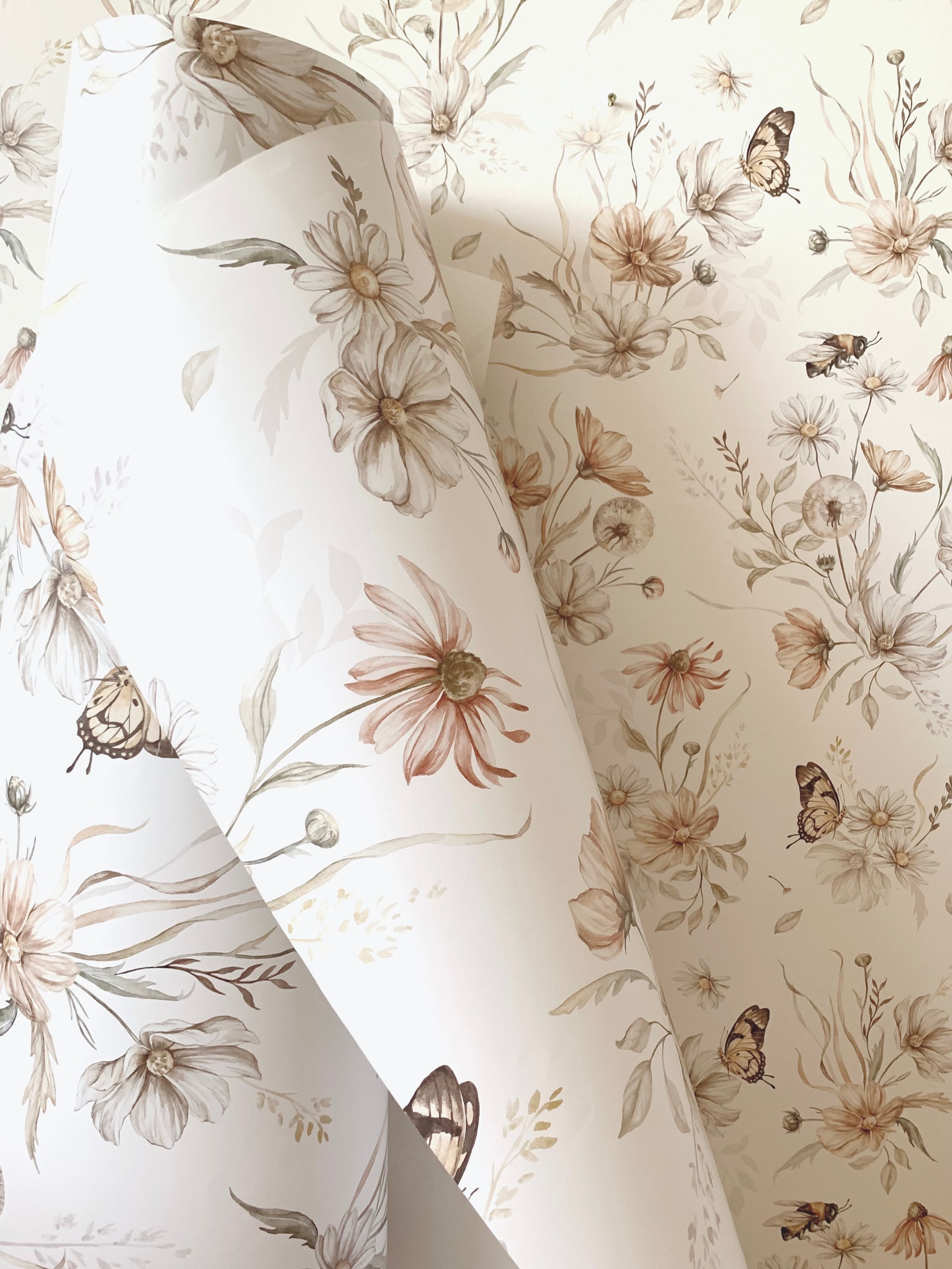 Gold Meadow on White Wallpaper large Flowers - Etsy