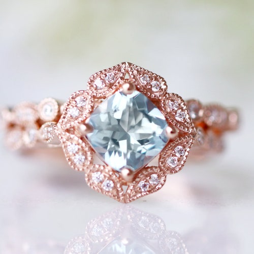 Antique Aquamarine Engagement Ring Rose Gold March Birthstone - Etsy