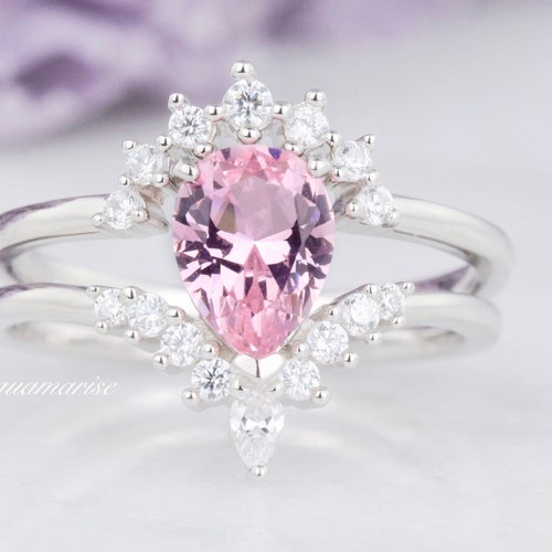 Teardrop Pink Tourmaline Ring Set Sterling Silver Ring Set - Etsy