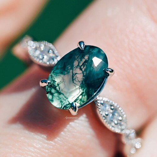 Natural Green Moss Agate Ring Sterling Silver Aquatic Agate - Etsy