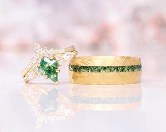 Kite Green Moss Agate Ring Set for Couples His and Hers Wedding Band ...