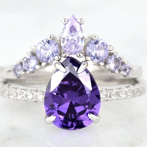 Teardrop Amethyst Ring Set Sterling Silver Ring Set Amethyst - Etsy