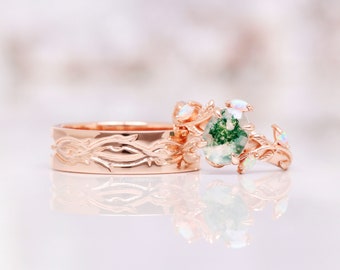Green Moss Agate Opal Couples Ring Set His and Hers Wedding Band Rose ...