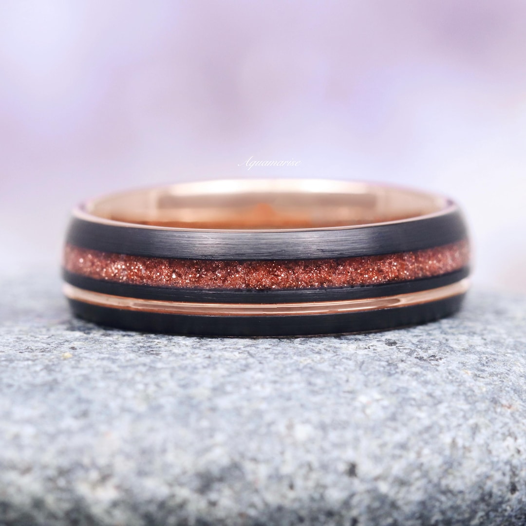 Solar Flare Orange Sandstone Men's Wedding Band- 6MM Two Tone Rose Gold ...