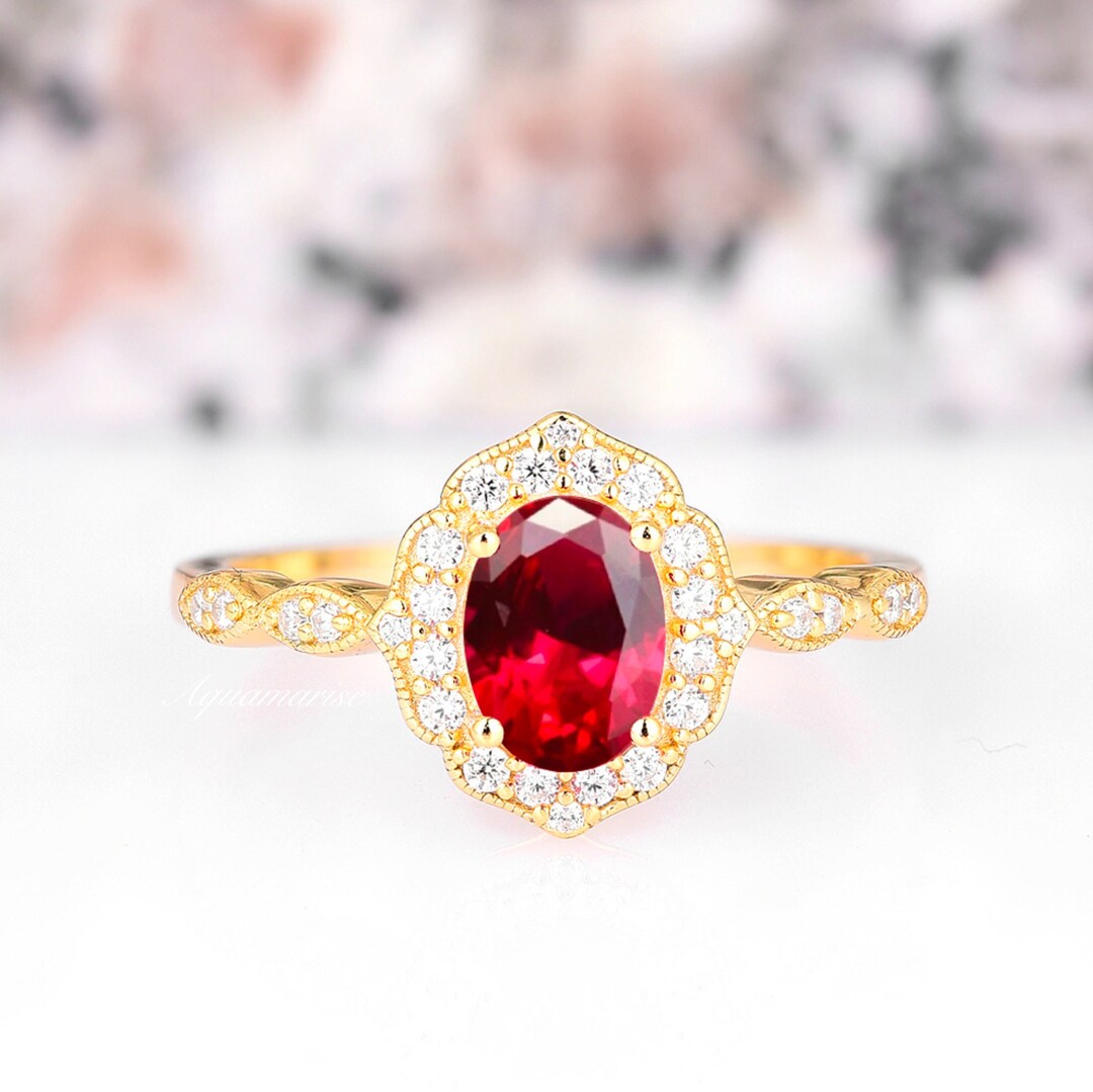 Vintage Ruby Engagement Ring for Women 14K Yellow Gold Vermeil Red ...