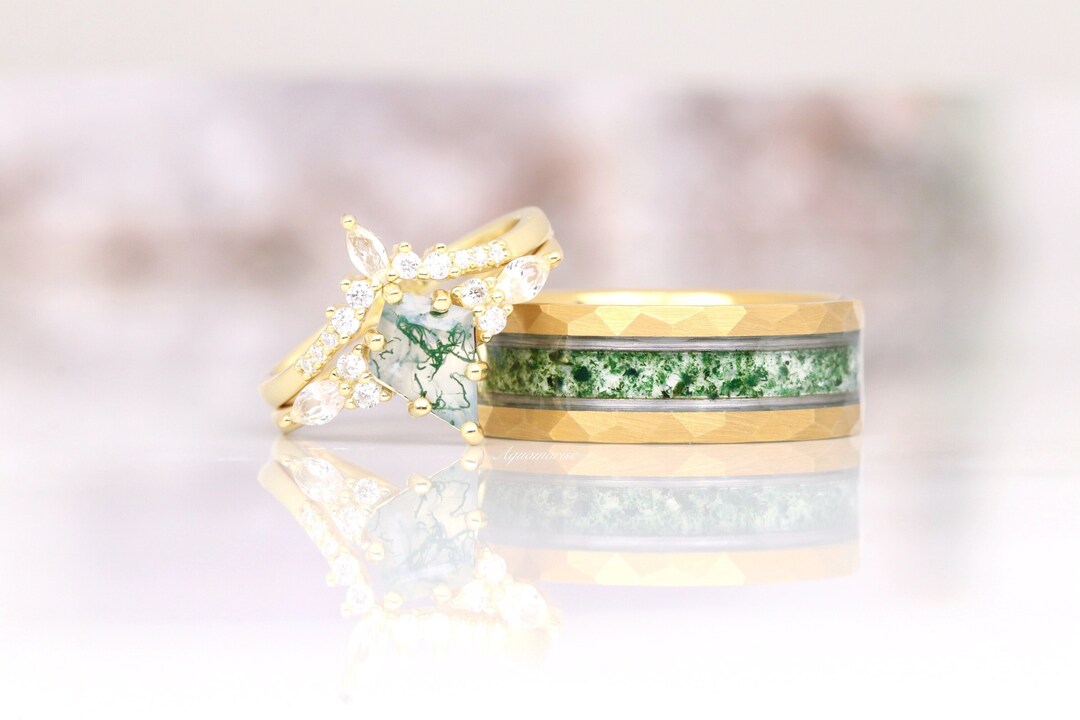 Kite Green Moss Agate Ring Set- His and Hers Wedding Band- Gold Ring ...