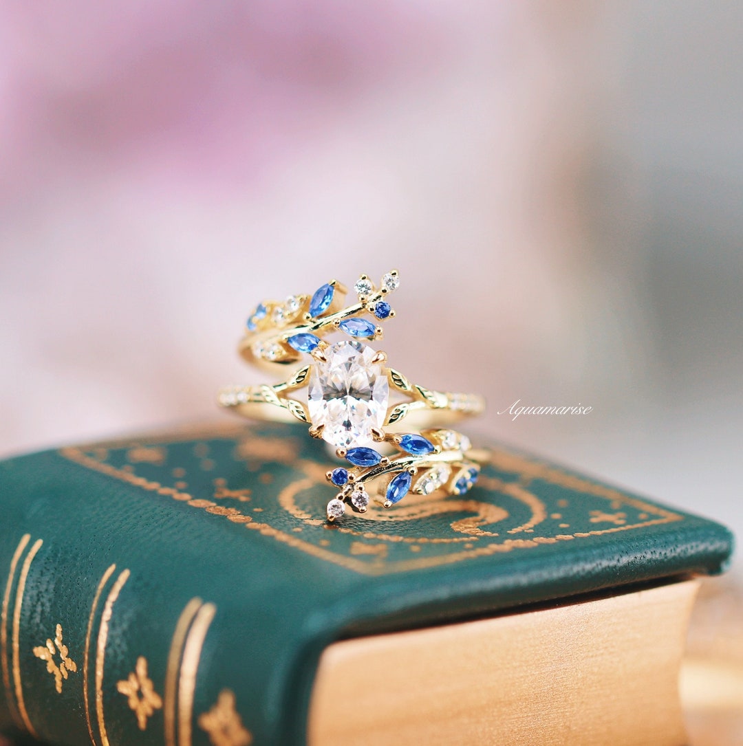 Blue Sapphire & Diamond Engagement Ring Set- 14K Yellow Gold Vermeil ...