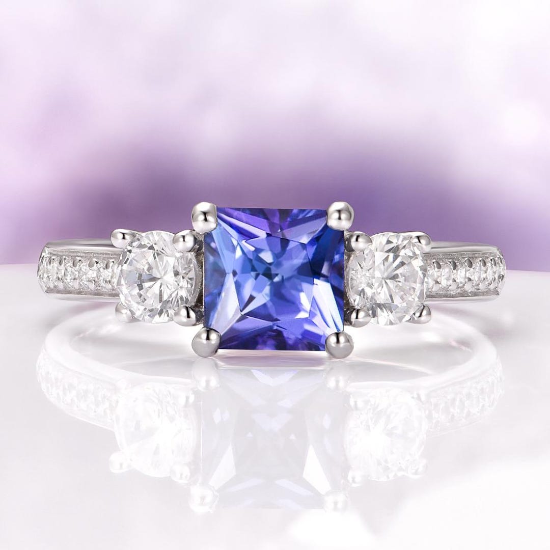 Princess Cut Tanzanite Ring- Sterling Silver Purple Gemstone Engagement ...