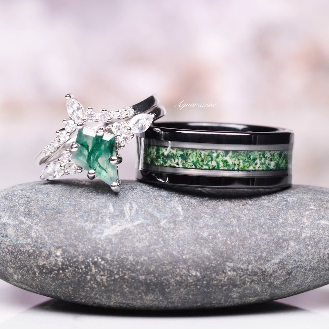 Kite Green Moss Agate Ring Set for Couples His and Hers Wedding Band ...