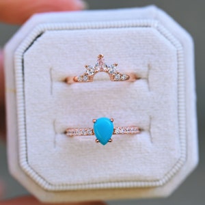 Natural Turquoise Ring Set- 14K Rose Gold Vermeil Teardrop Engagement Rings for Women Vintage ...