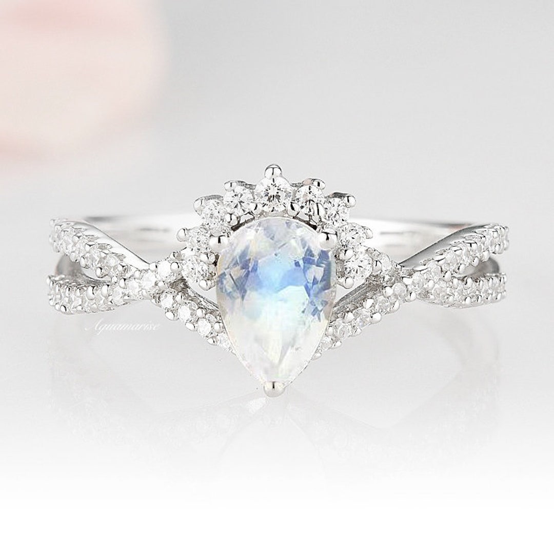 Rainbow Natural Moonstone Engagement Ring- 14K White Gold Vintage ...
