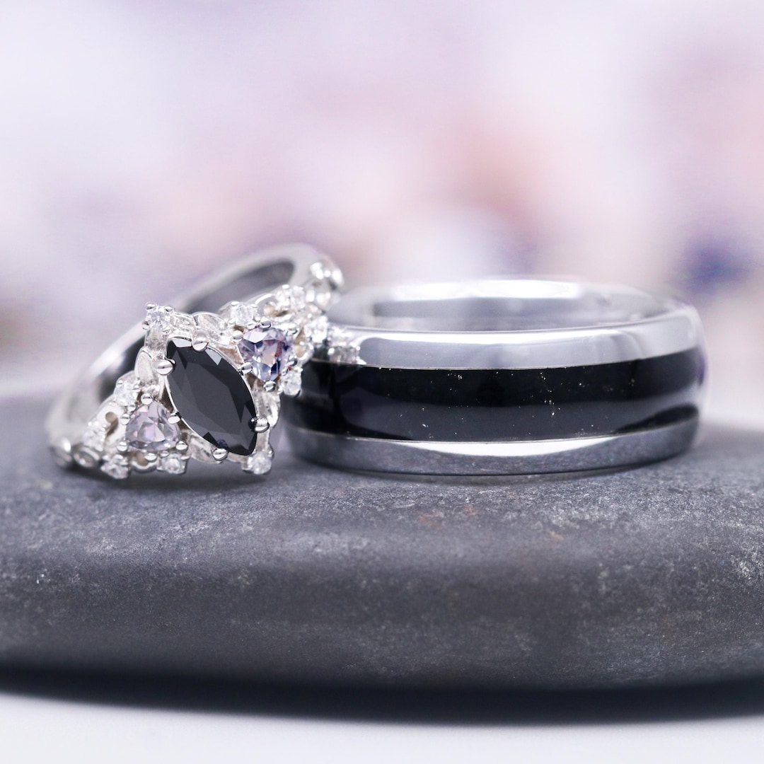 Elain Black Onyx Couples Ring Set- His and Hers Marquise Black Diamond ...