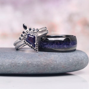 Galaxy Sandstone Ring- Starry Night Engagement Ring- Great Rift Nebula Bridal Ring Set- 925 ...