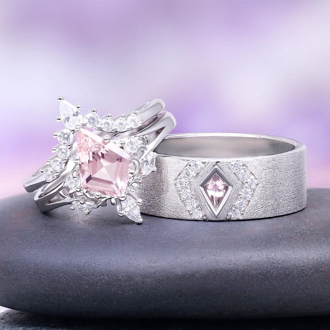 His and Hers Morganite Ring Set, Matching Couples Rings, Sterling ...