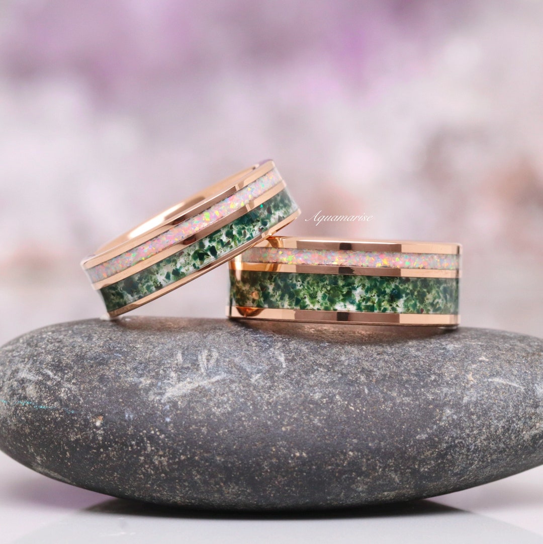 Green Moss Agate & Opal Couples Ring Set- His and Hers Matching Wedding ...