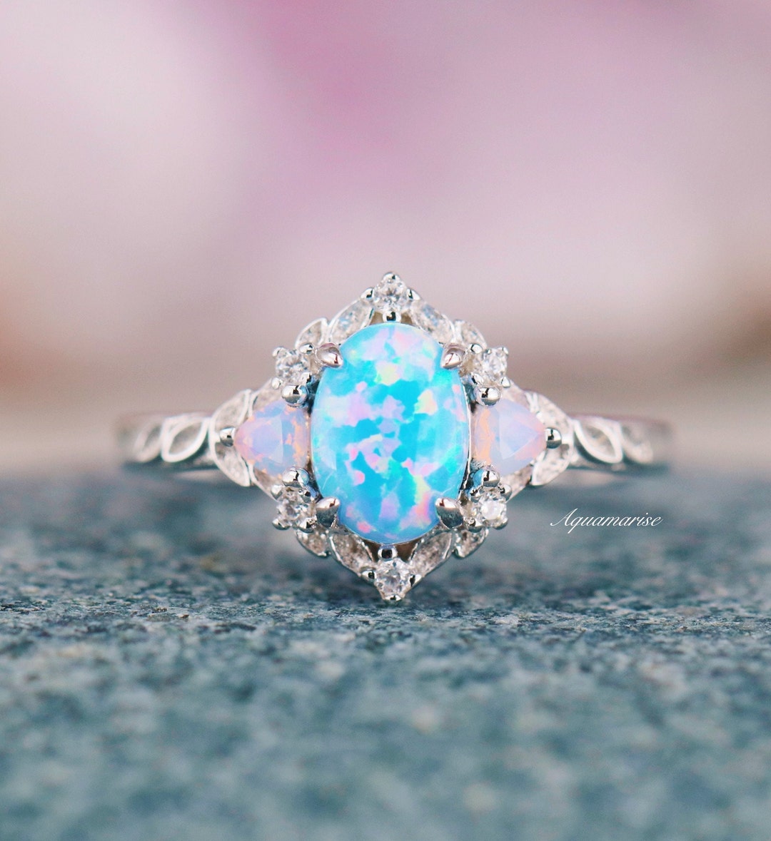 Blue Fire Opal & Opalescent Sapphire Ring- 925 Sterling Silver Light ...