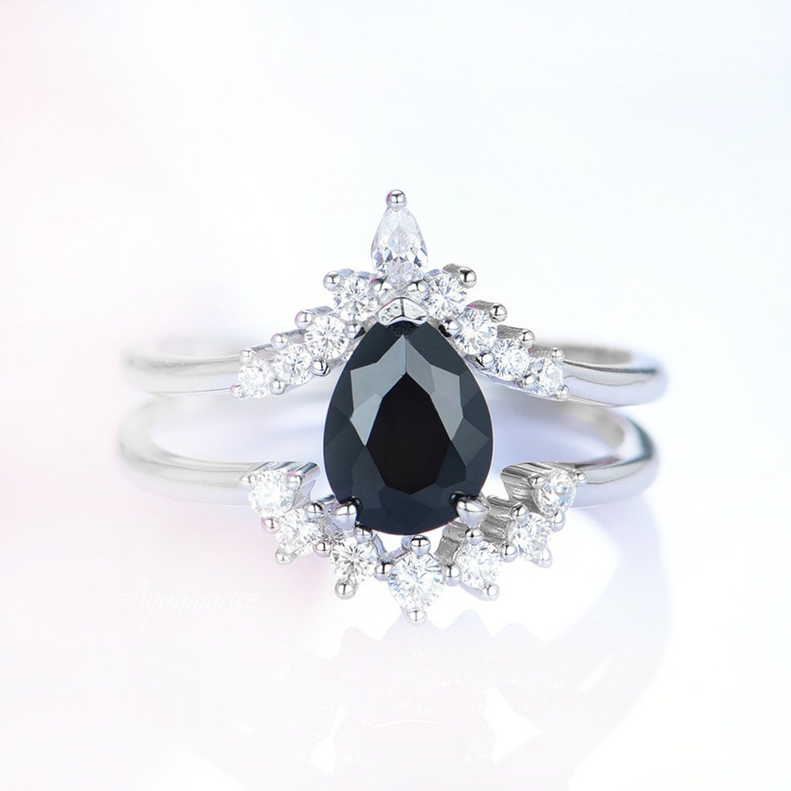 Black Diamond Ring Set Sterling Silver Ring Set Black Spinel - Etsy