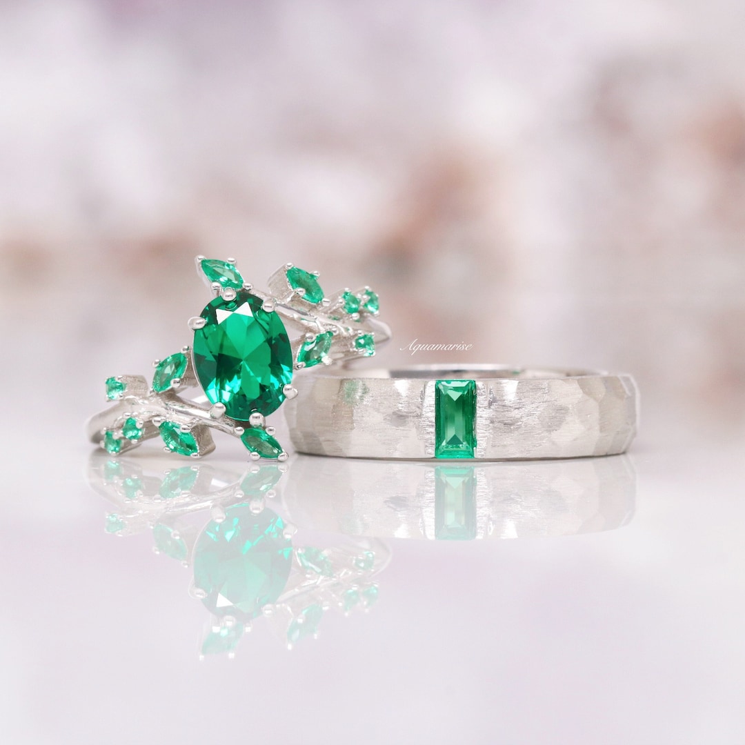 Emerald Green Couples Ring Set- His and Hers Leaf Wedding Band ...