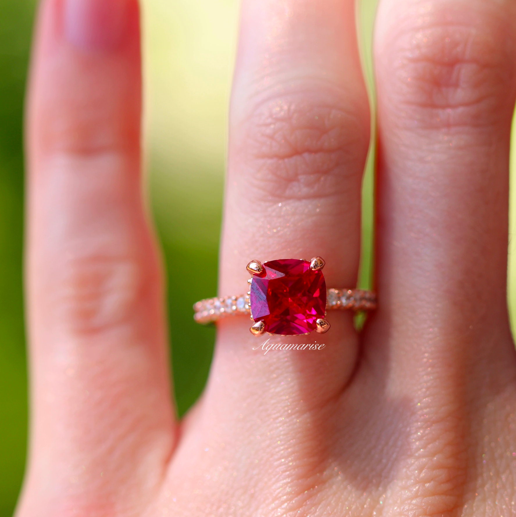 Cushion Cut Ruby Ring 14K Rose Gold Vermeil Ring Genuine - Etsy