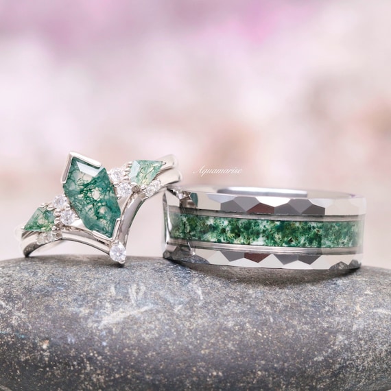 Coffin Kite Green Moss Agate Ring Couples Ring Set His and Hers Wedding Band 925 Sterling Silver Tungsten Matching Nature Promise Ring