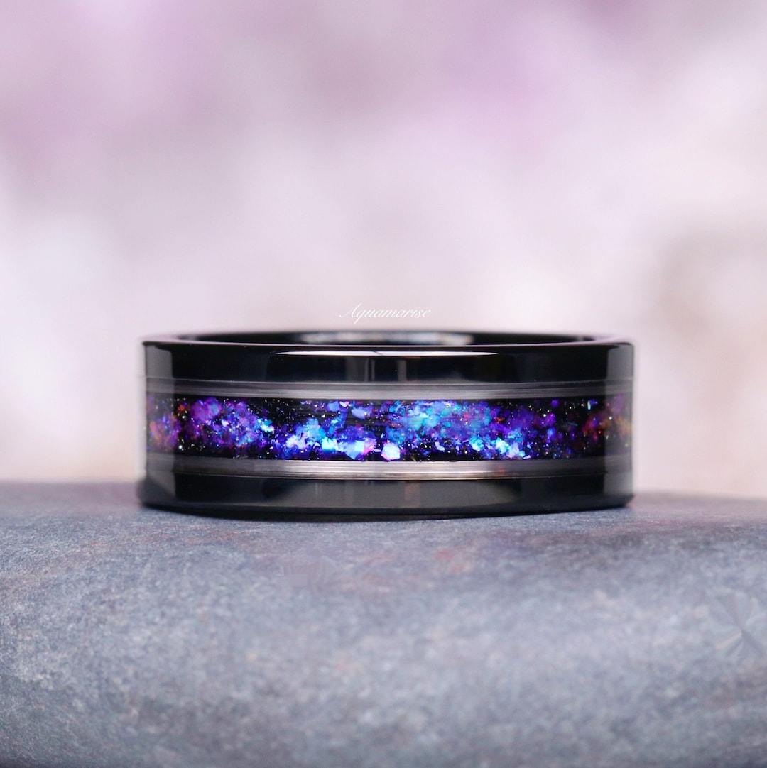 Orion Nebula Men's Wedding Band- Crushed Fire Opal & Galaxy Sandstone ...