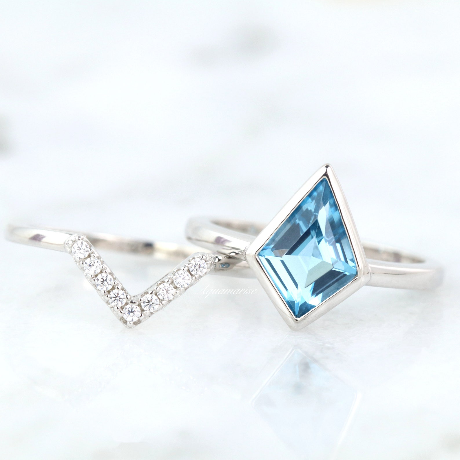 Kite Shape Swiss Blue Topaz Ring Set Topaz Engagement Ring - Etsy