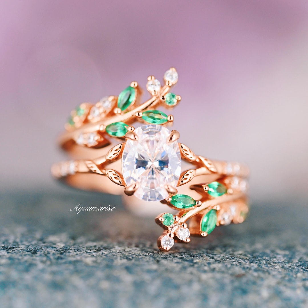 Diamond & Emerald Leaf Ring- 14K Rose Gold Vermeil Fairy Engagement ...