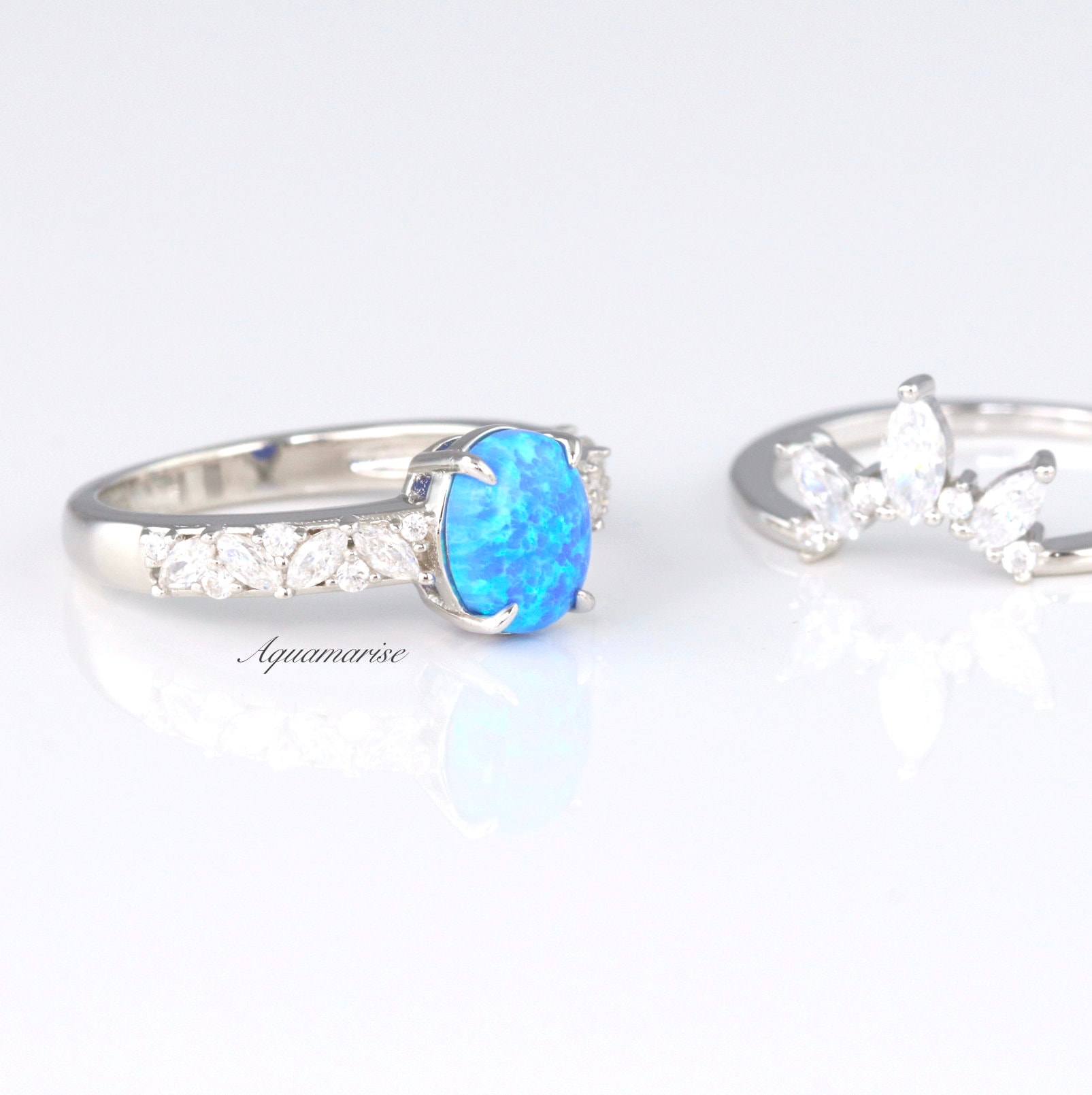 Blue Fire Opal Ring Set Sterling Silver Ring Set Opal - Etsy