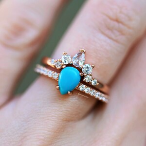 Natural Turquoise Ring Set- 14K Rose Gold Vermeil Teardrop Engagement Rings for Women Vintage ...