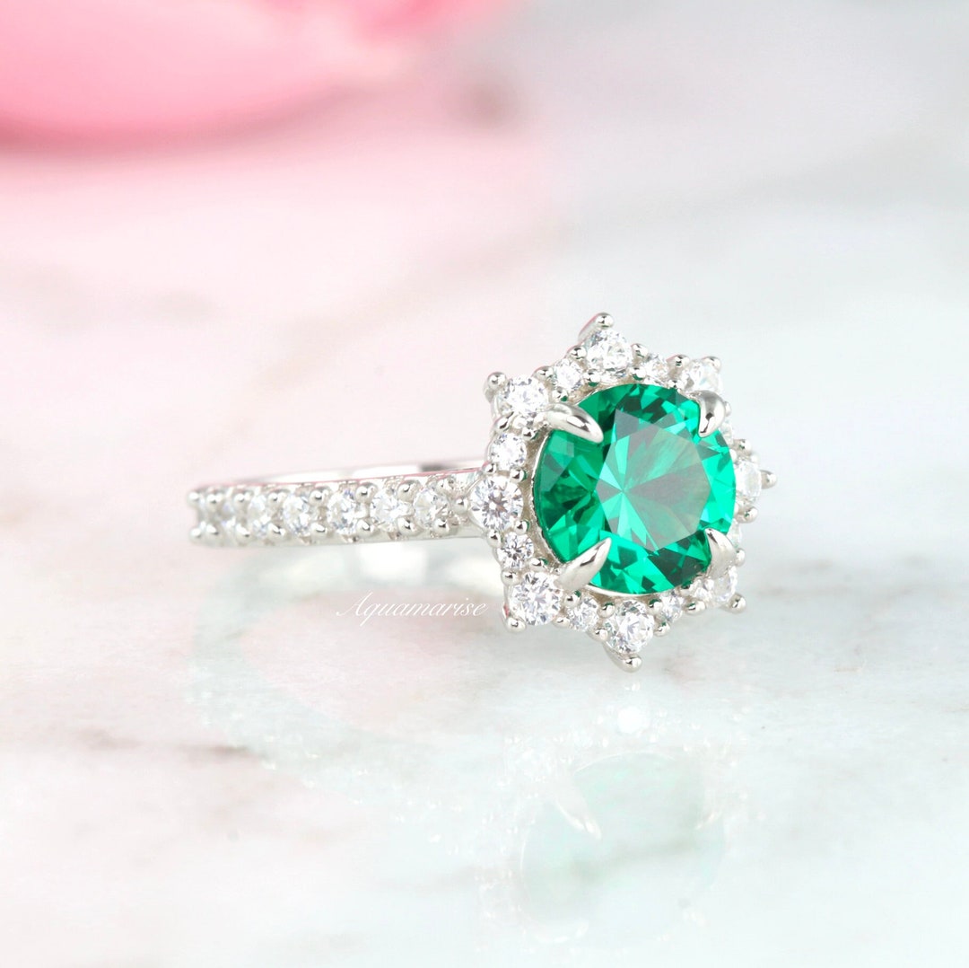Aster Emerald Ring- Sterling Silver Ring- Green Gemstone Engagement Ring- Promise Ring- May ...