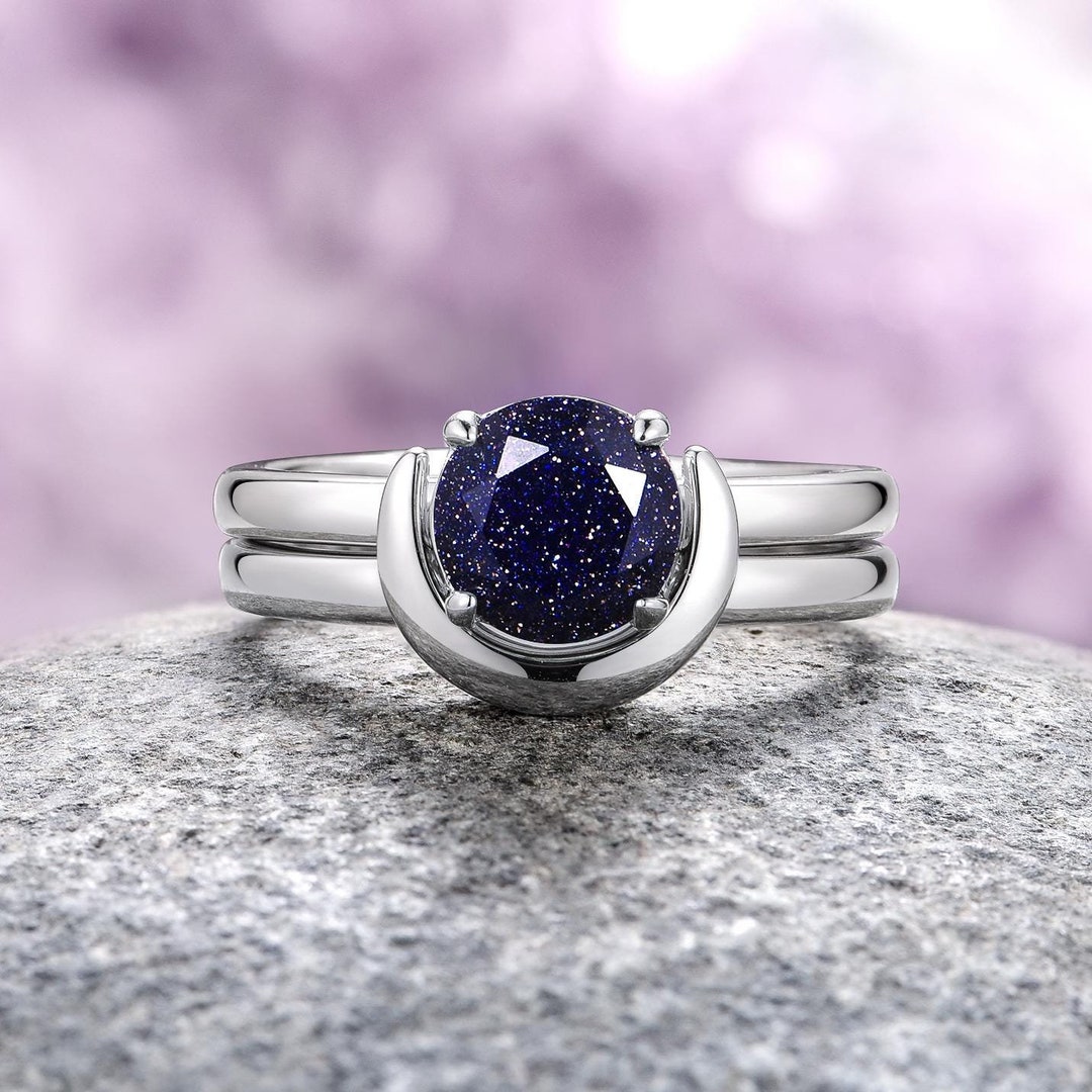 Starry Night Crescent Moon Engagement Ring Set- 925 Sterling Silver ...