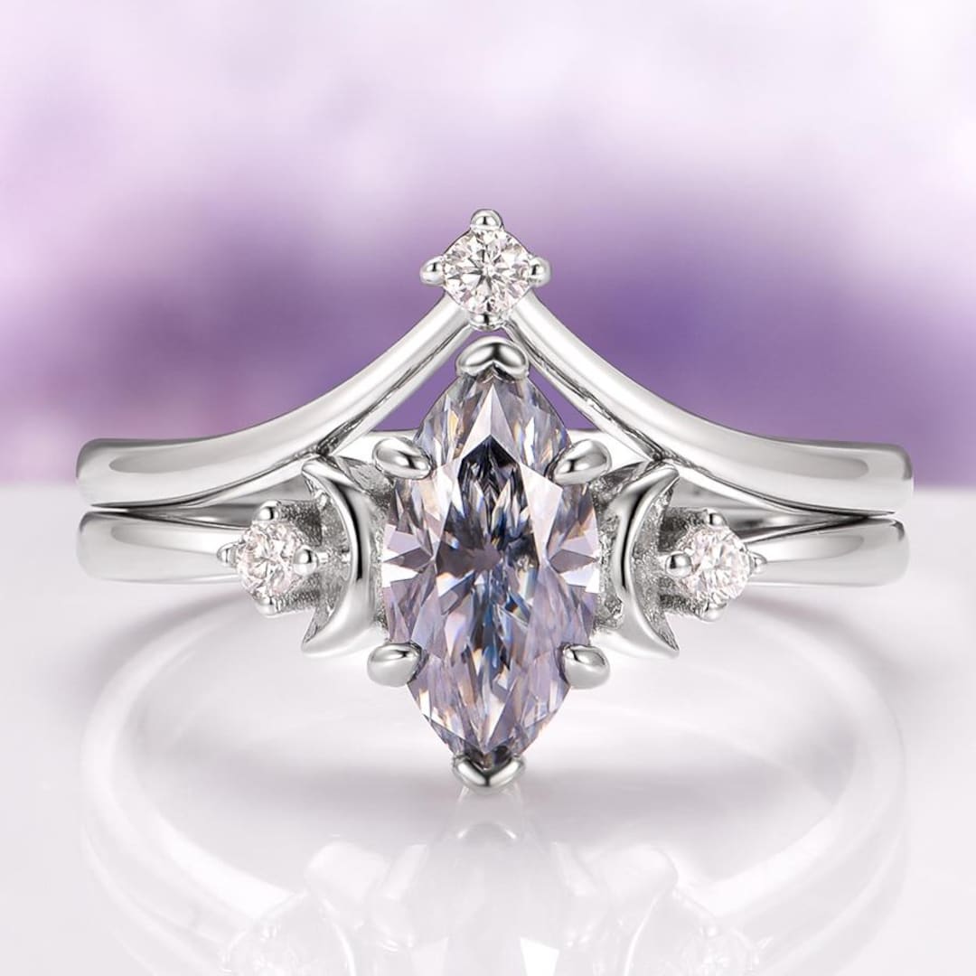 Gray Moissanite Crescent Moon Ring Set in 925 Sterling Silver Marquise ...