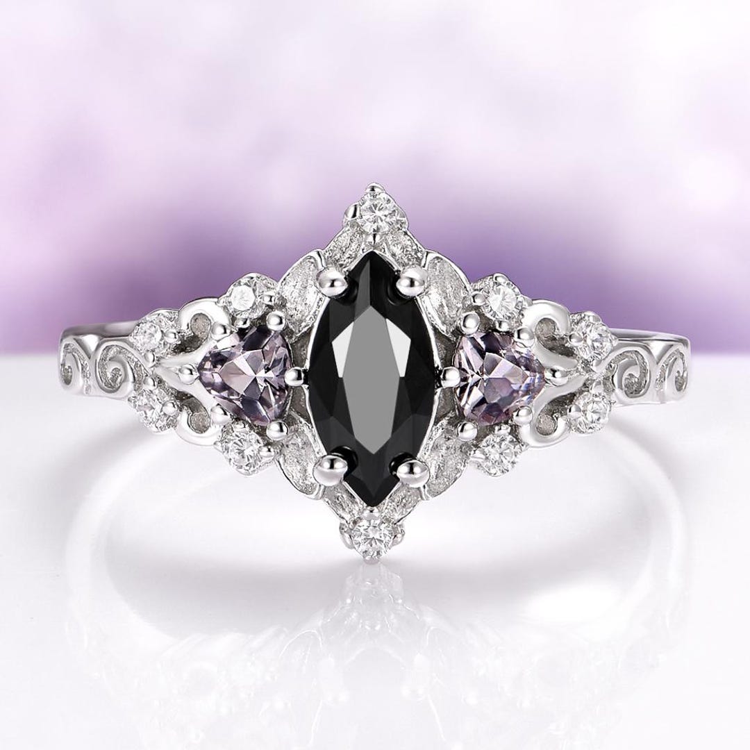 Elain Black Diamond Ring- 925 Sterling Silver Black Onyx Leaf ...