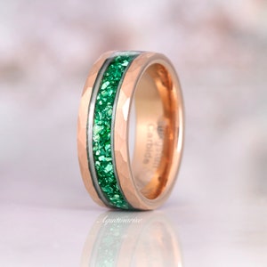 Crushed Emerald Wedding Band- Rose Gold Tungsten Hammered Ring- 8mm Men ...