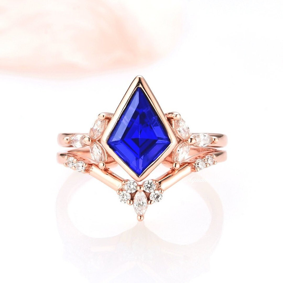 Kite Blue Sapphire Ring Set for Women- 14K Rose Gold Vermeil Blue ...